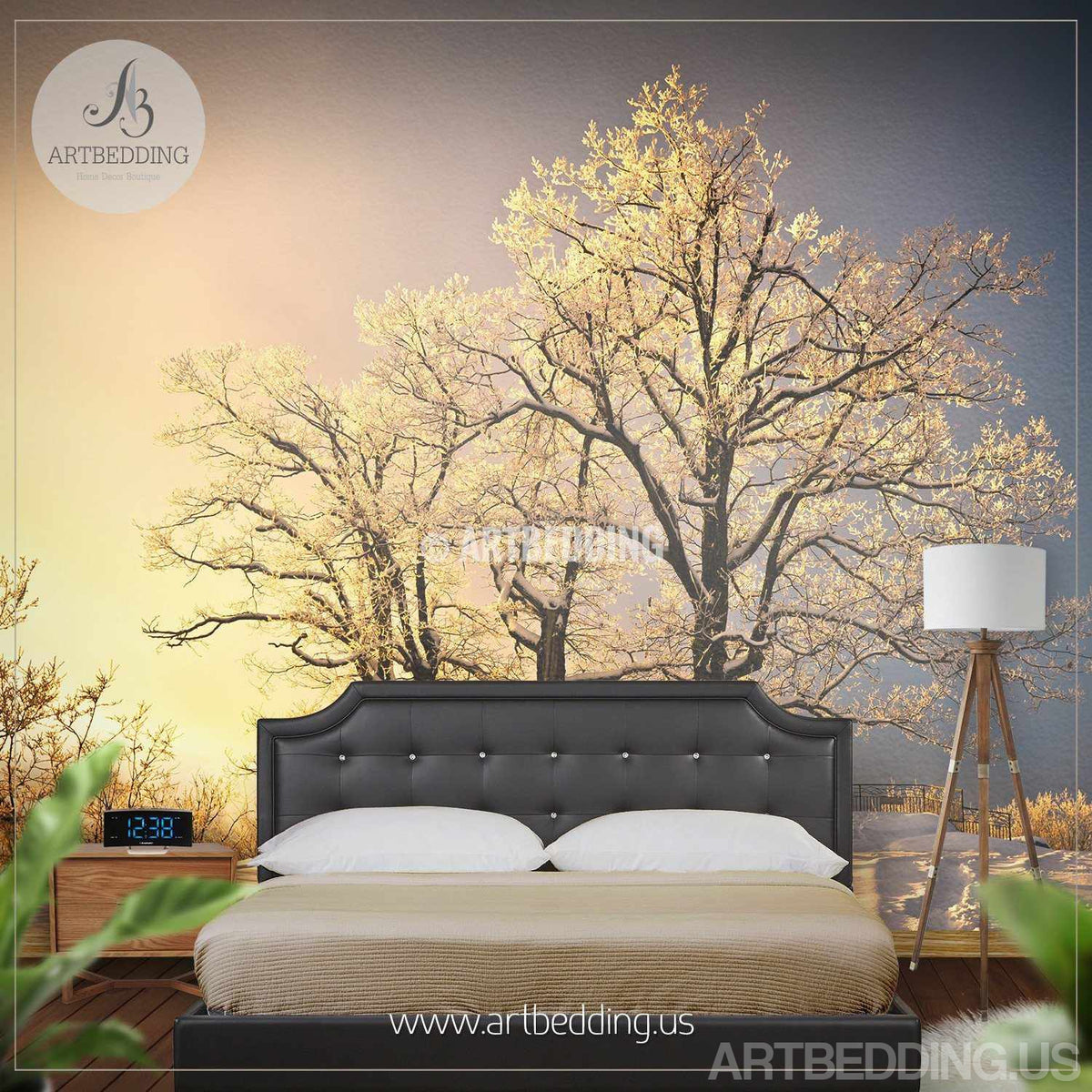Winter snow scene Wall Mural, Winter trees on sunset wall mural ...