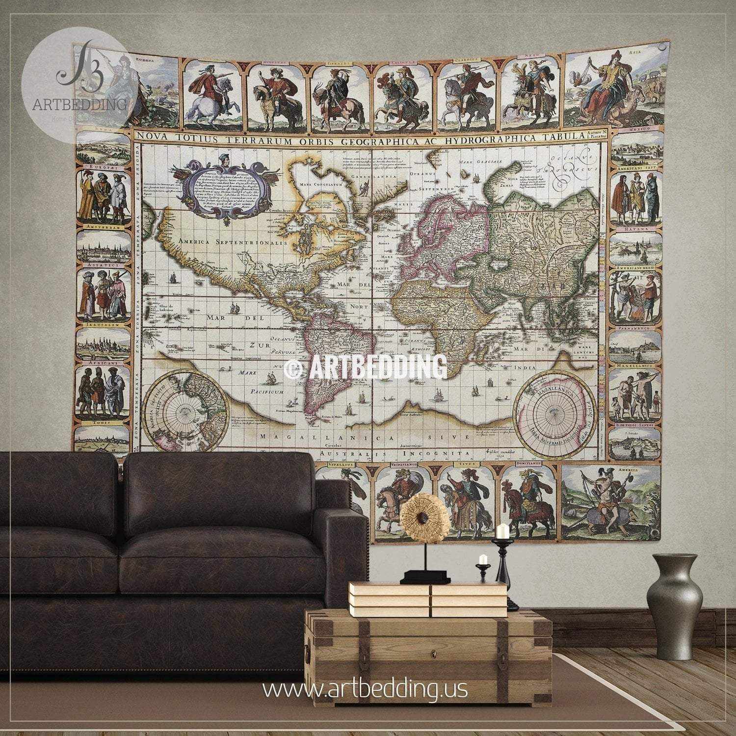 World old map 1652 wall tapestry, vintage interior map wall hanging, o ...
